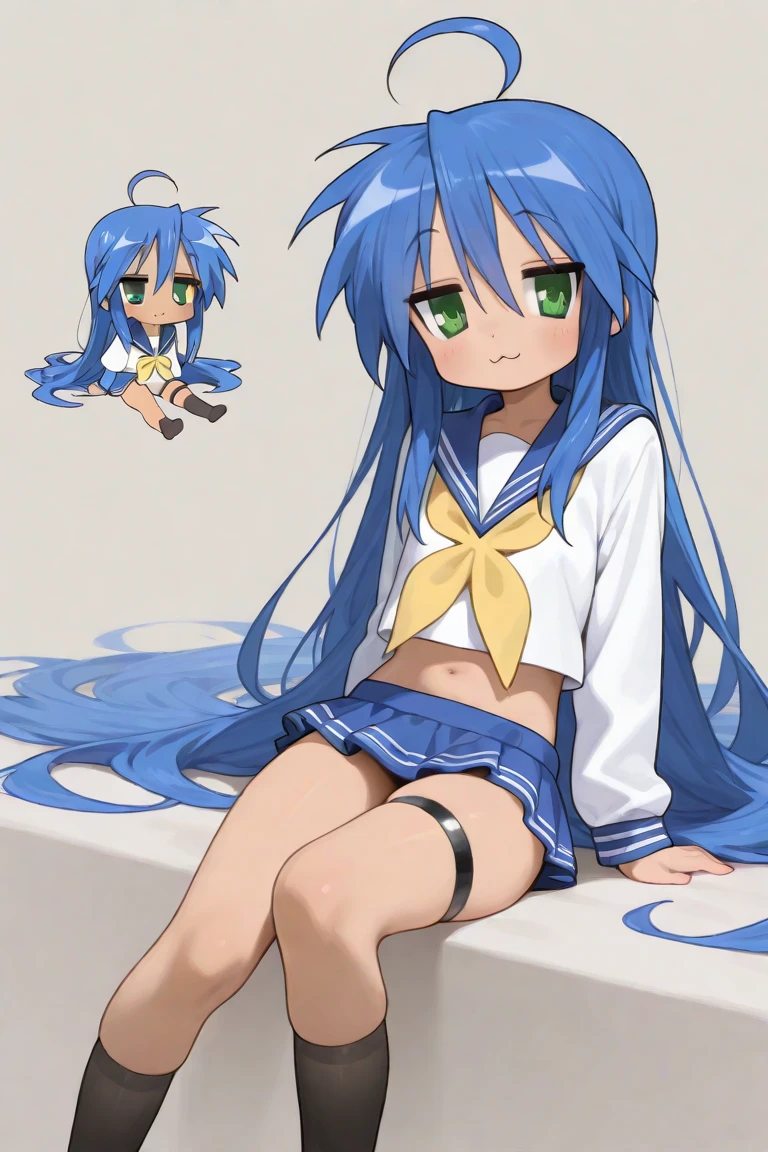 1girl,izumi konata,blue hair,green eyes,ahoge,((chibi))((loli - SeaArt AI