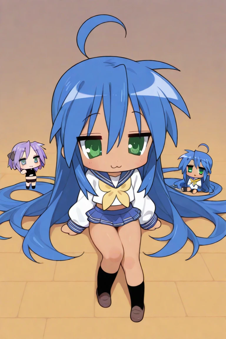 1girl,izumi konata,blue hair,green eyes,ahoge,((((chibi))))( - SeaArt AI
