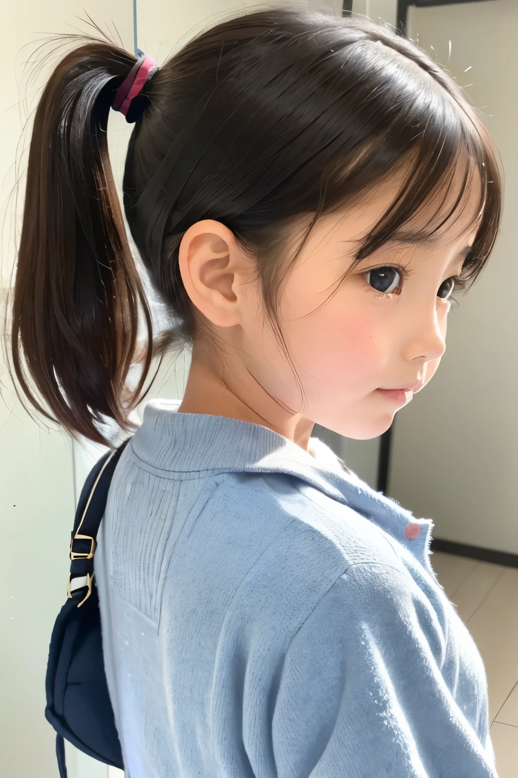 A close up of a little girl with a ponytail in a blue sweater - SeaArt AI
