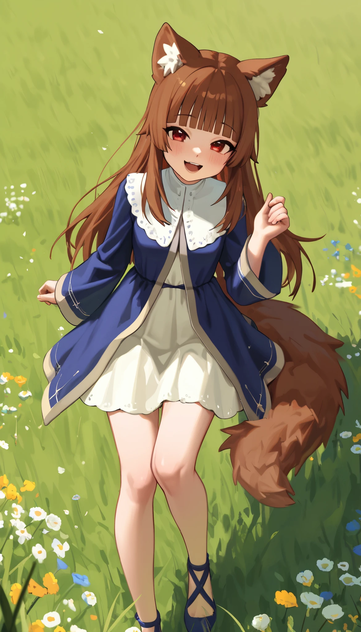 Anime girl with long brown hair and blue dress walking in a field of ...