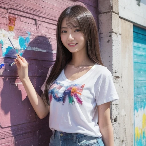 Illustration of a woman painting on the wall of a multi-tenant building ...