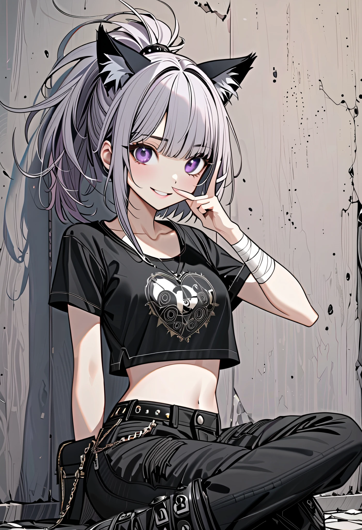 Anime girl with cat ears and black shirt sitting on the ground - SeaArt AI