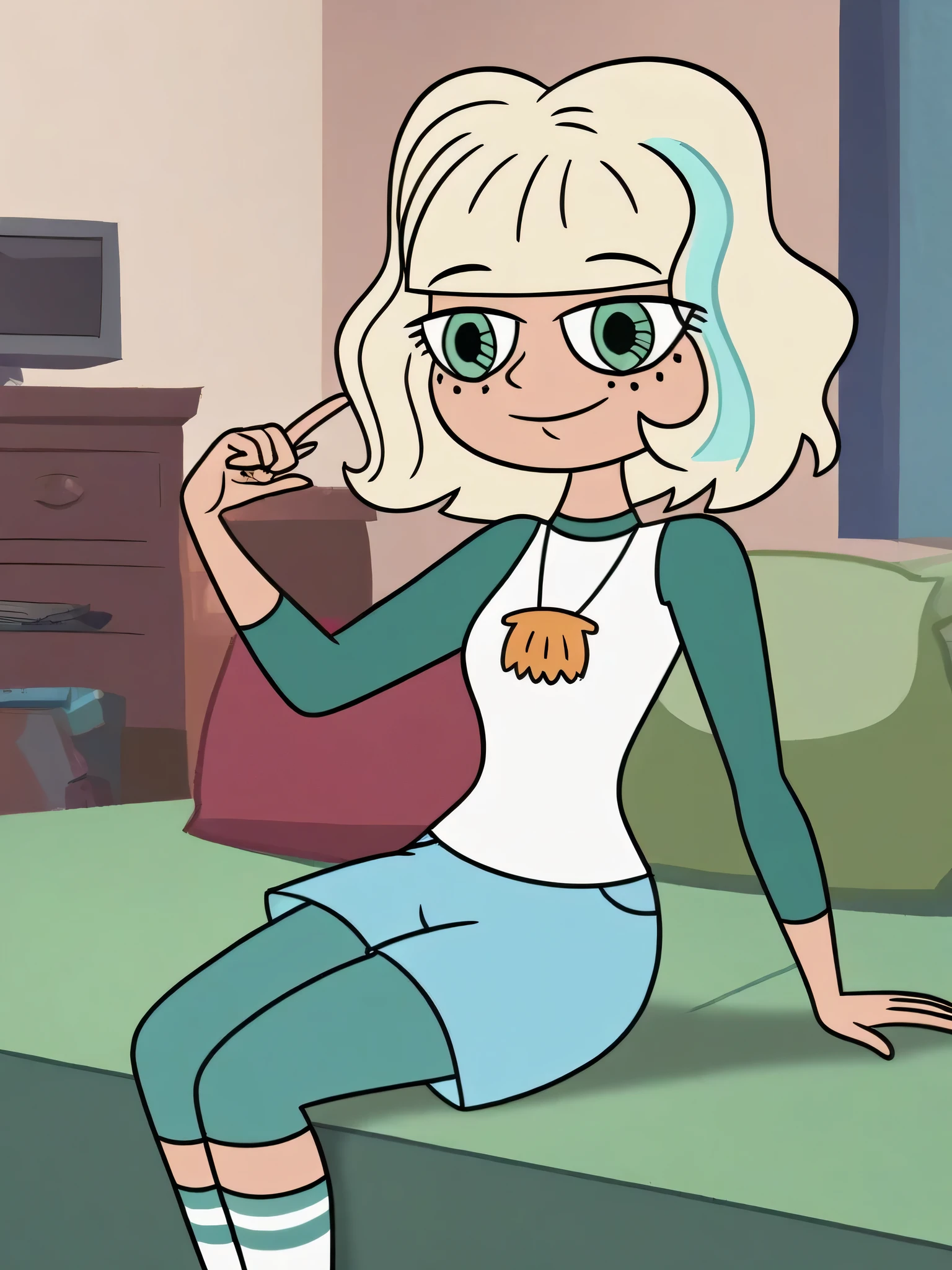 Cartoon girl with glasses sitting on a couch in a living room - SeaArt AI