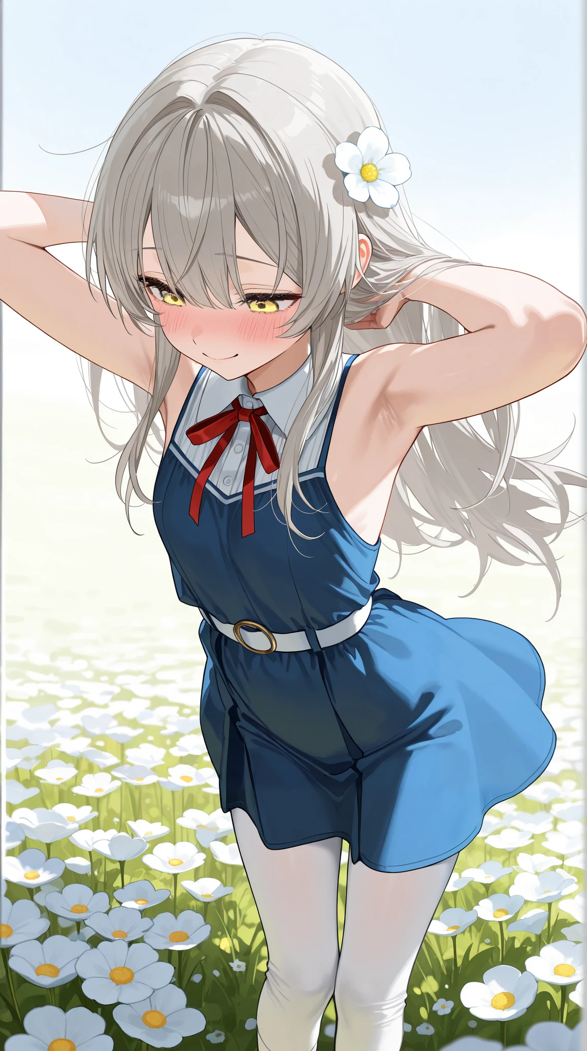 Anime girl in blue dress with white flowers in field - SeaArt AI