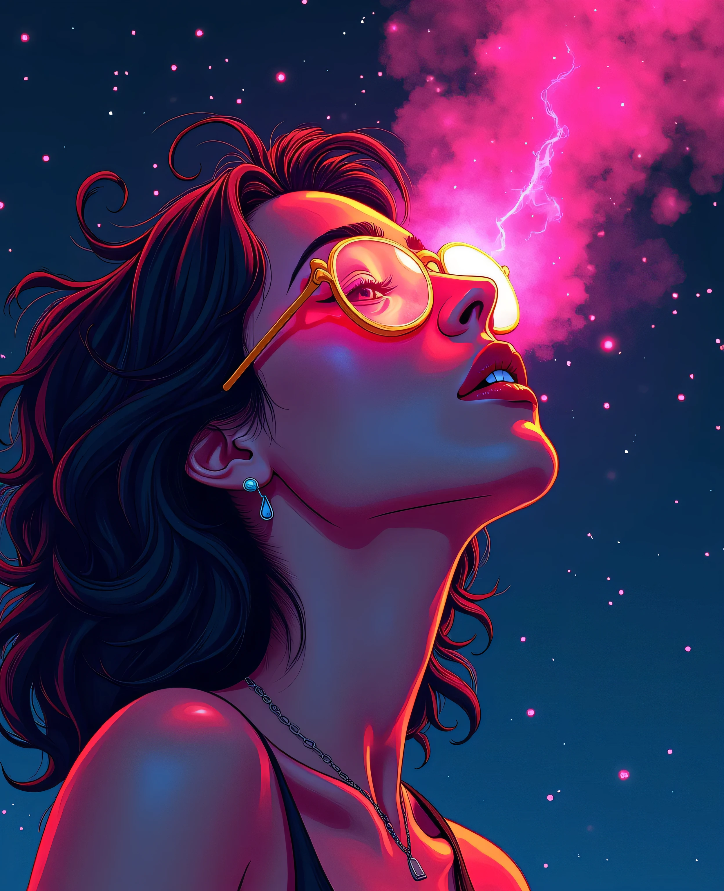 Cores neon, amazing Cartoon style illustration of a woman as she sees ...