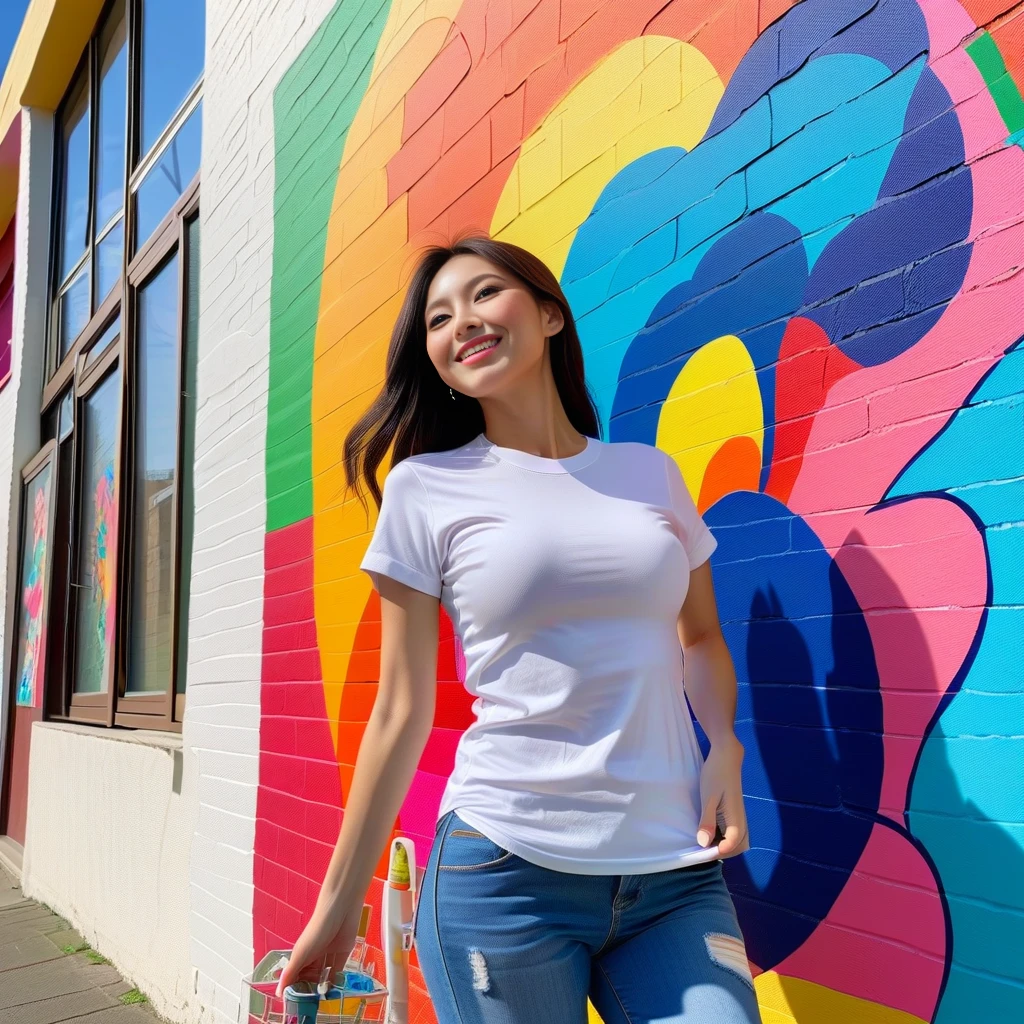 Illustration of a woman painting on the wall of a multi-tenant building ...