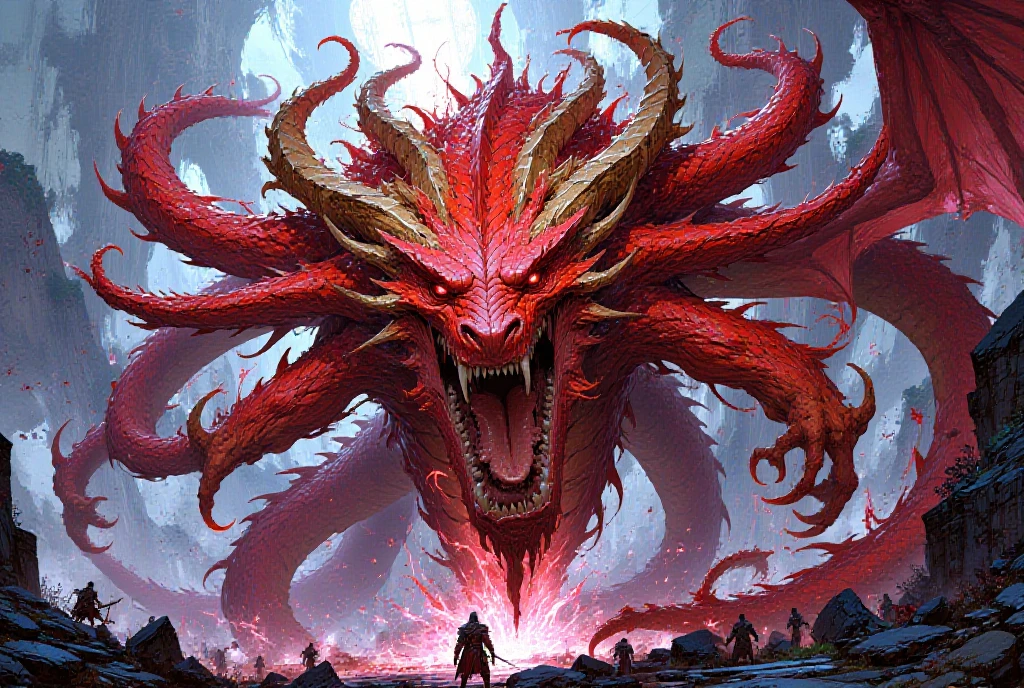 A 7-headed red dragon, 10 horns with crowns - SeaArt AI