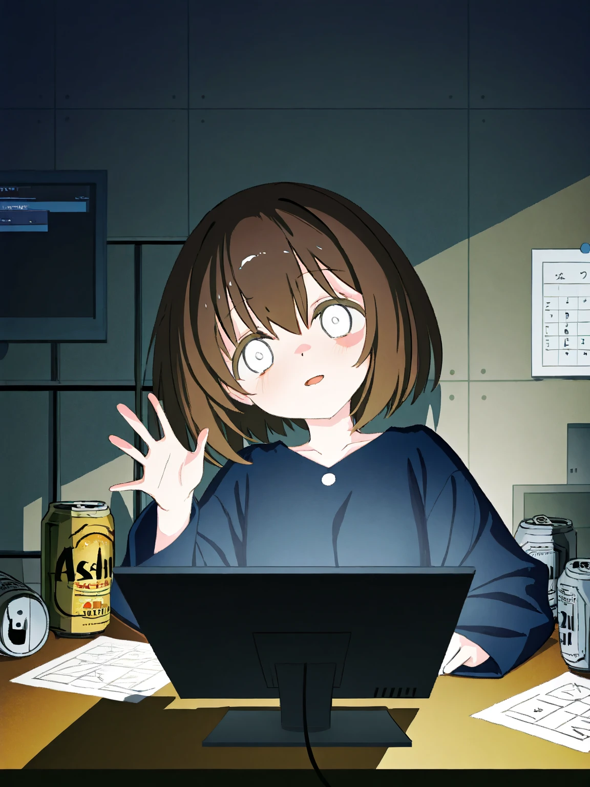 2D animation style, petite girl with long fluffy brown hair, white eyes ...