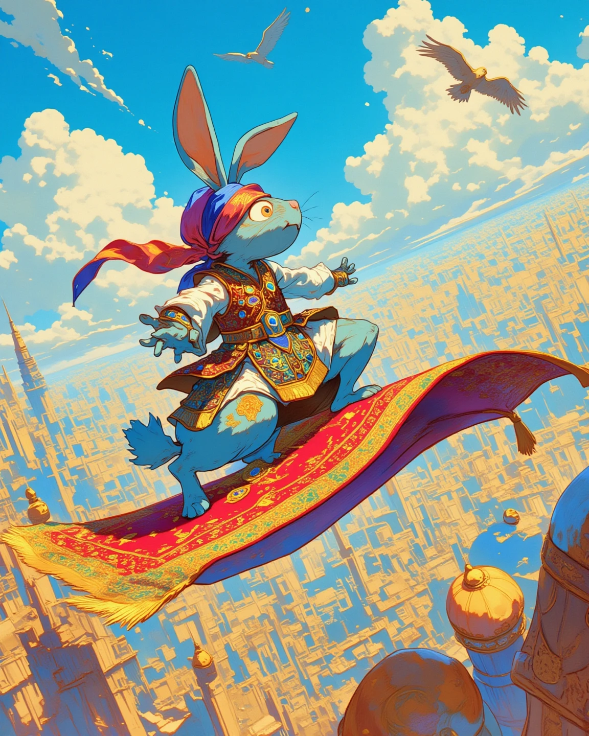 Bipedal Blue Rabbit Riding a Flying Carpet , Turban Wrapped Rabbit ...