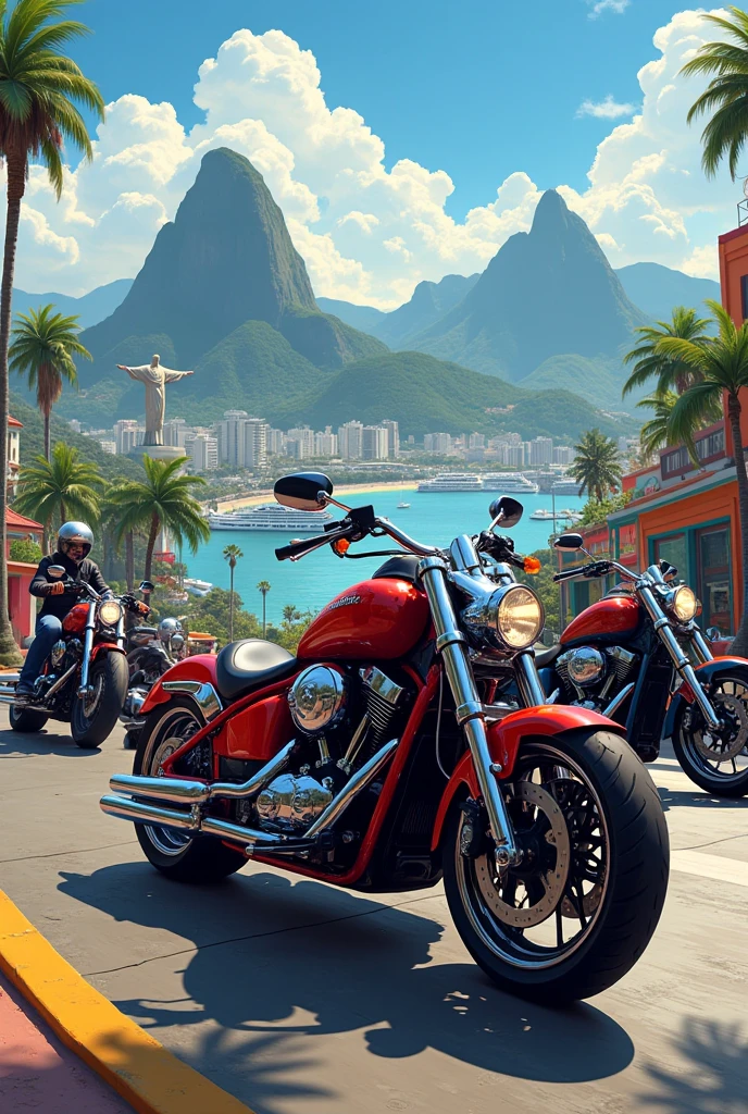 Art with custom motorcycles in the foreground and elements of the city ...