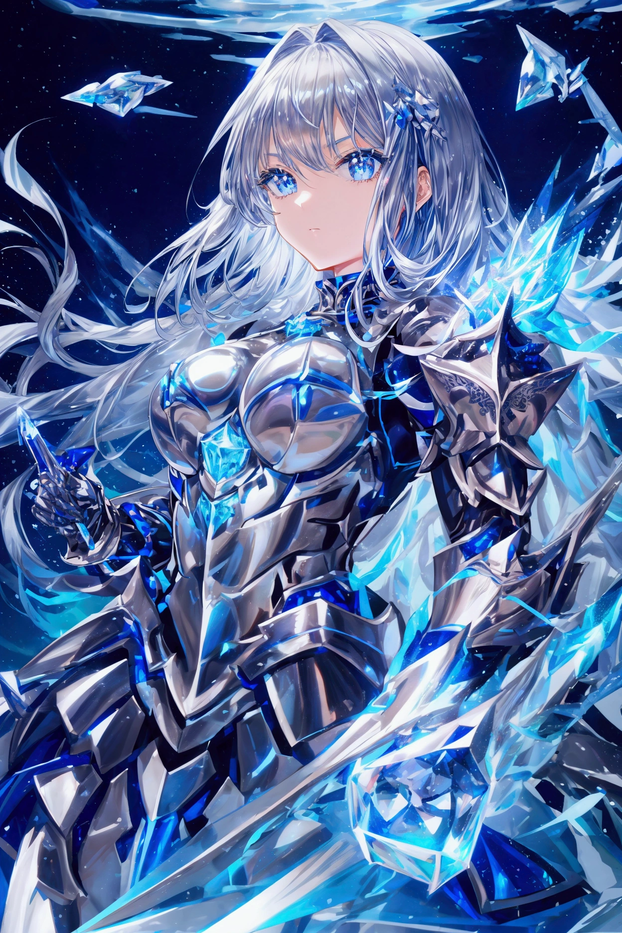 Standing in front of blue background、 anime girl with sword and armor ...