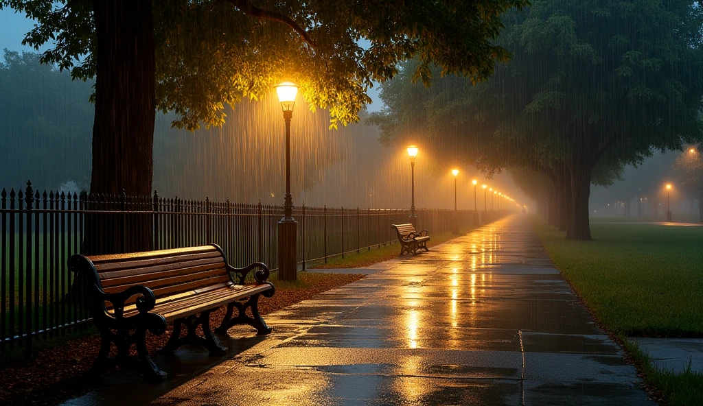 It is raining heavily. The park is enveloped in a quiet, reflective ...