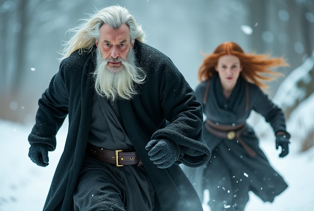 Wizard men in his 30s, white hair,white long beard, with his young ...