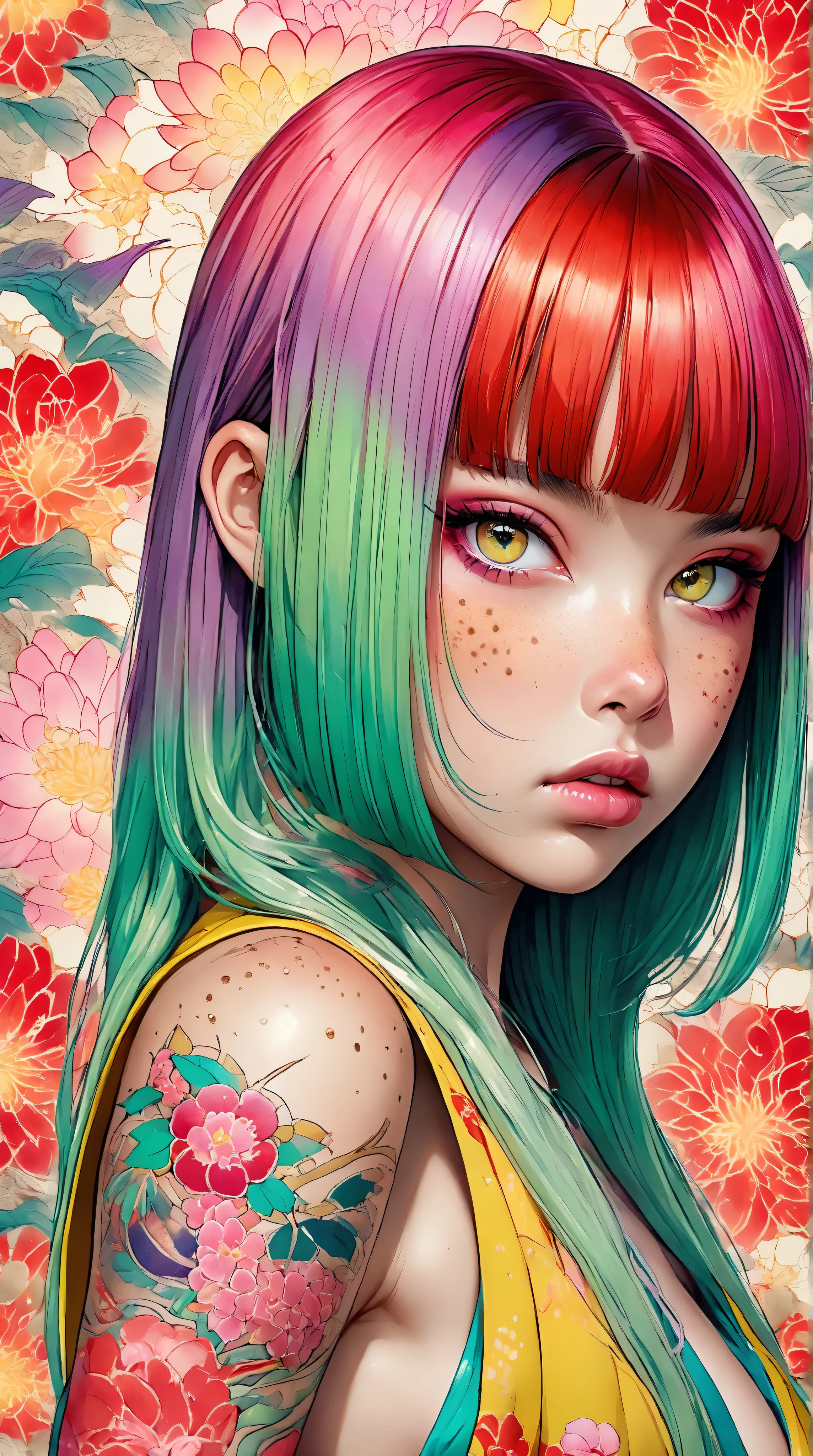 A close up of a woman with colorful hair and tattoos - SeaArt AI