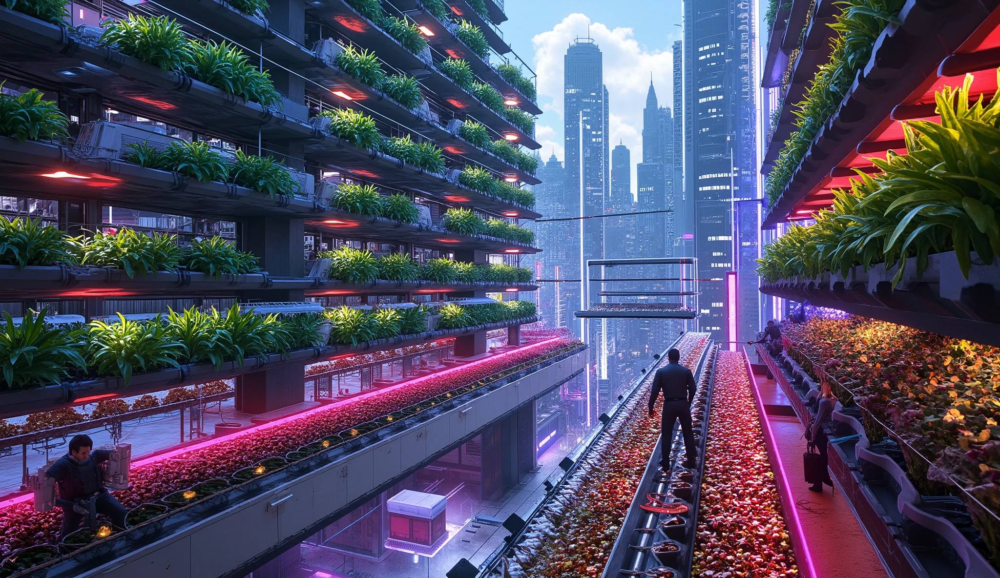 "Cyberpunk vertical farm illuminated by neon lights . Human workers and ...