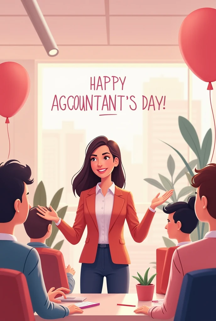 Cheerful that says happy accountant's day in an office with pink ...