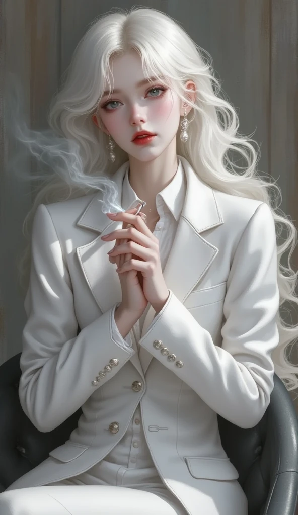 Beautiful silver-haired white female figure wearing blazer suit with ...