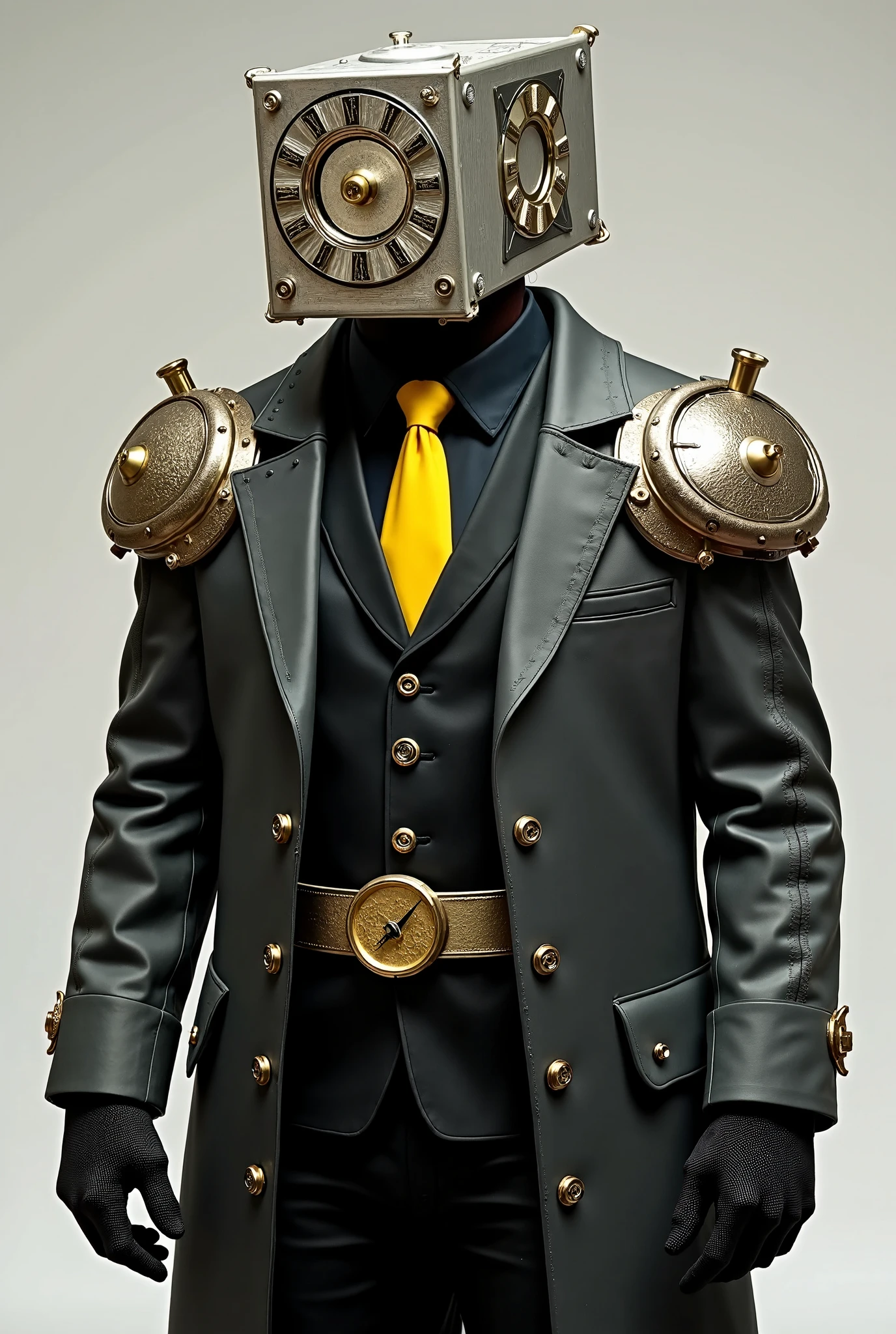 Future Large Clockman, wears a coat with a black suit beneath it and a ...
