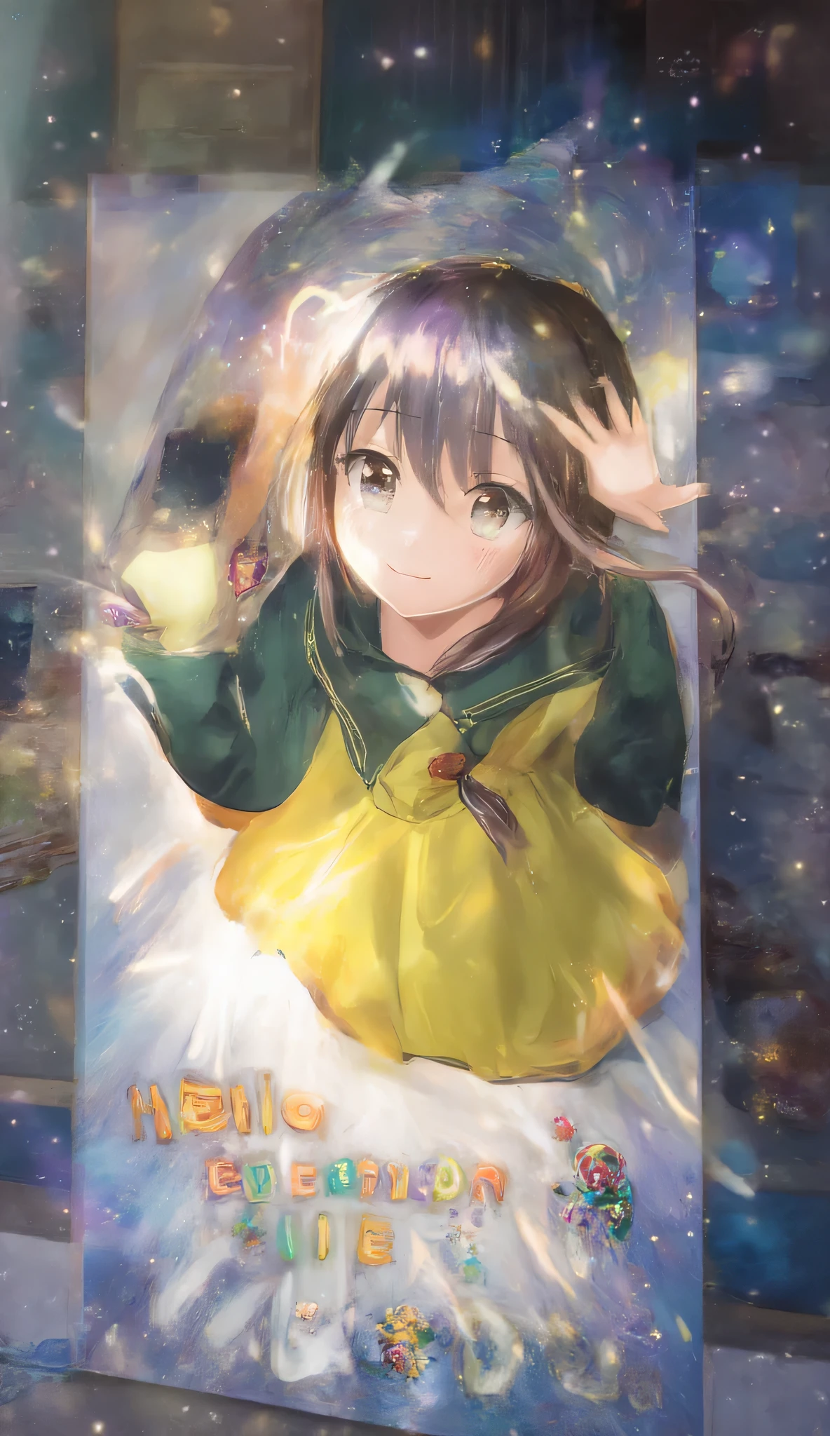 The girl is standing out of a poster that says "Hello everyone friends ...