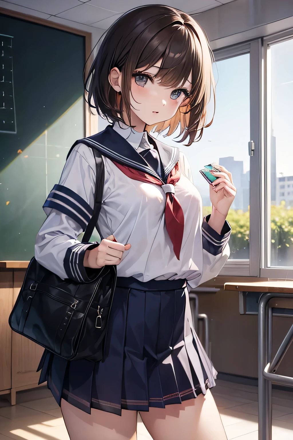 Anime girl in uniform holding a cigarette in a classroom - SeaArt AI
