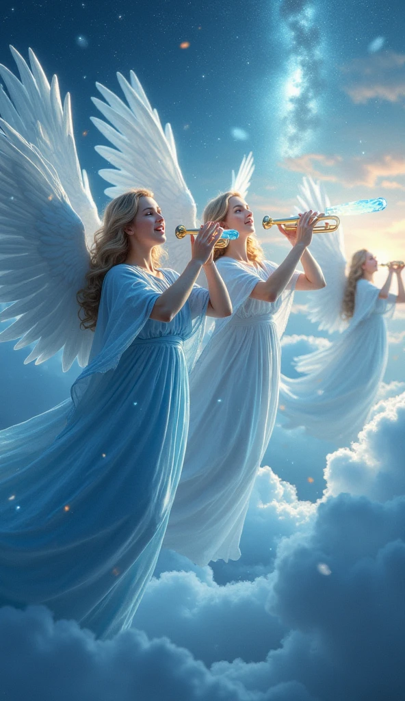 A choir of angels of light hovers over a celestial field, singing a ...