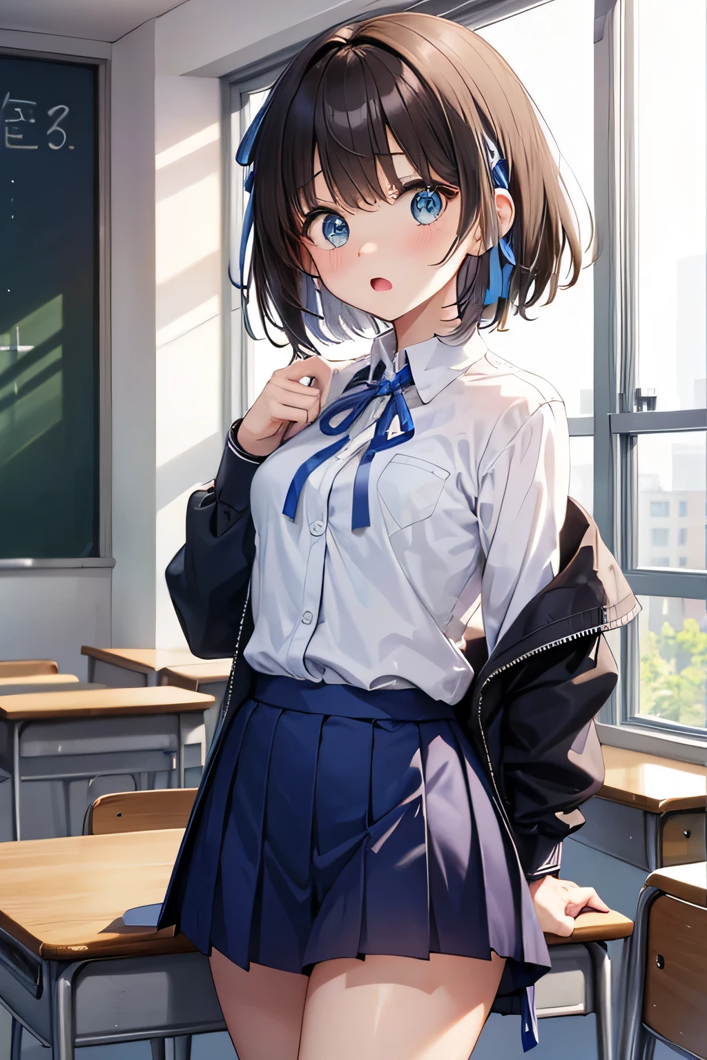 Anime girl in a school uniform posing in front of a classroom - SeaArt AI