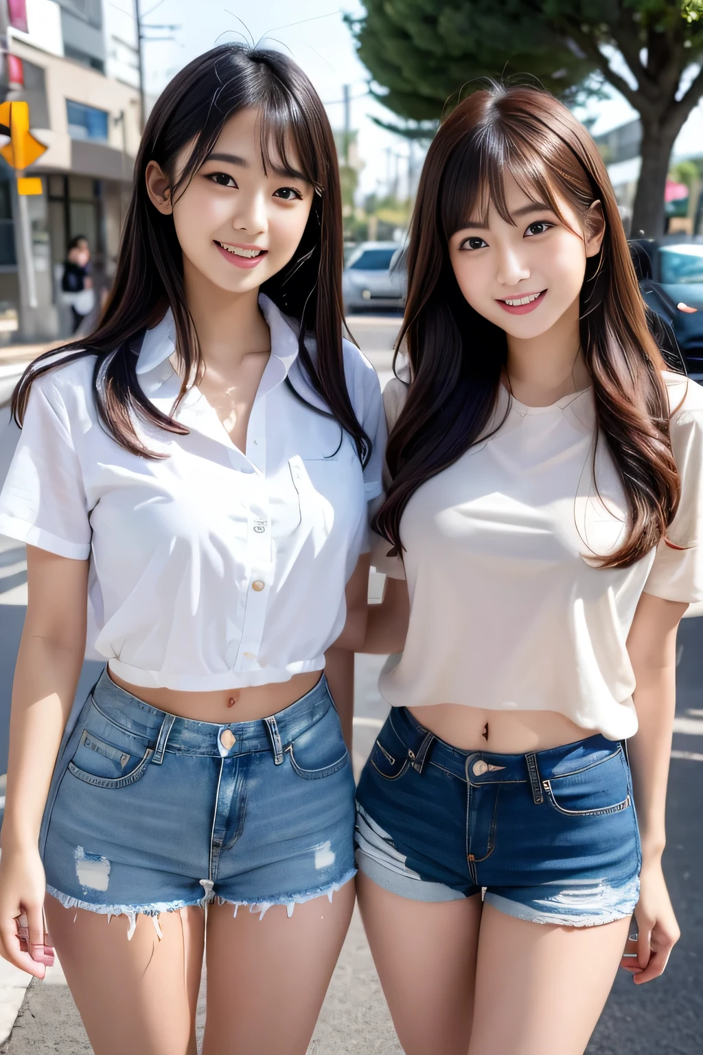 Two asian women standing next to each other on a city street - SeaArt AI