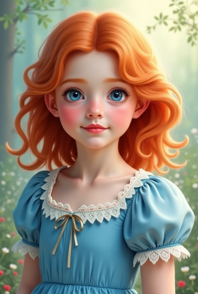 Redhead girl with blue dress with white lace collar and sleeve - SeaArt AI