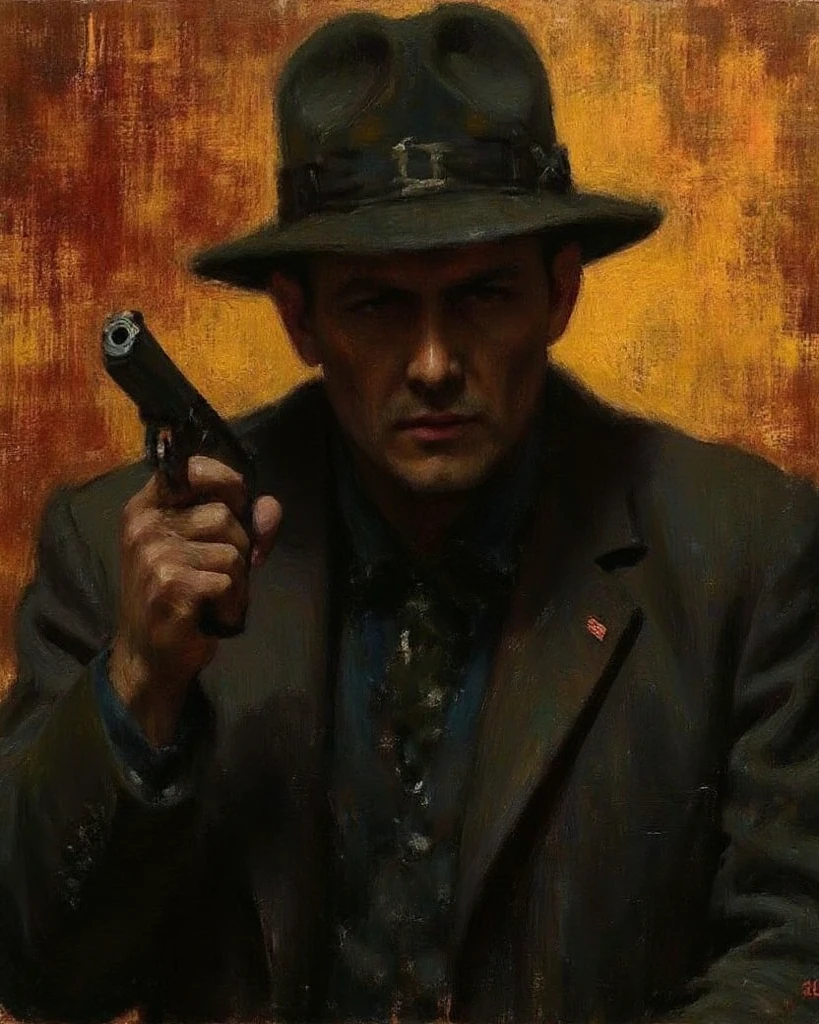 Front side of a lone cop checking, pistol on a hand in guard defensive ...