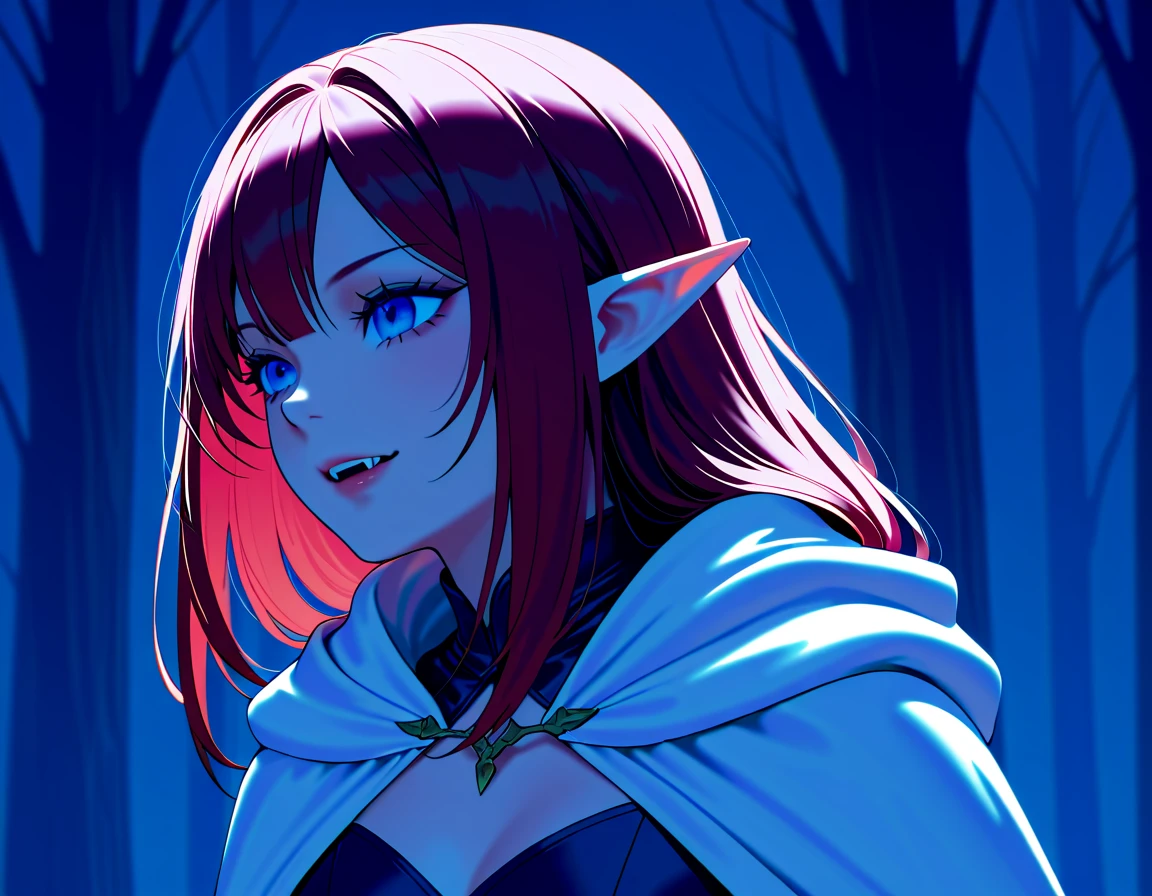 A portrait of a female elf vampire traveling on the forest road - SeaArt AI