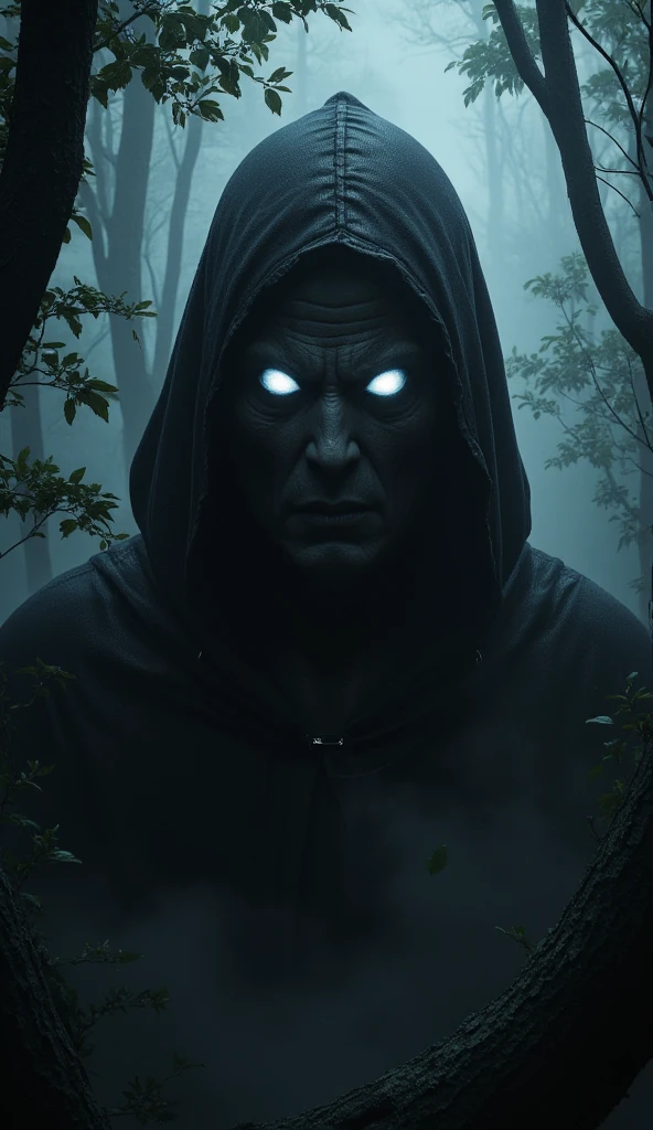 Close-up to the face of a dark figure emerging from the mist in a dense ...