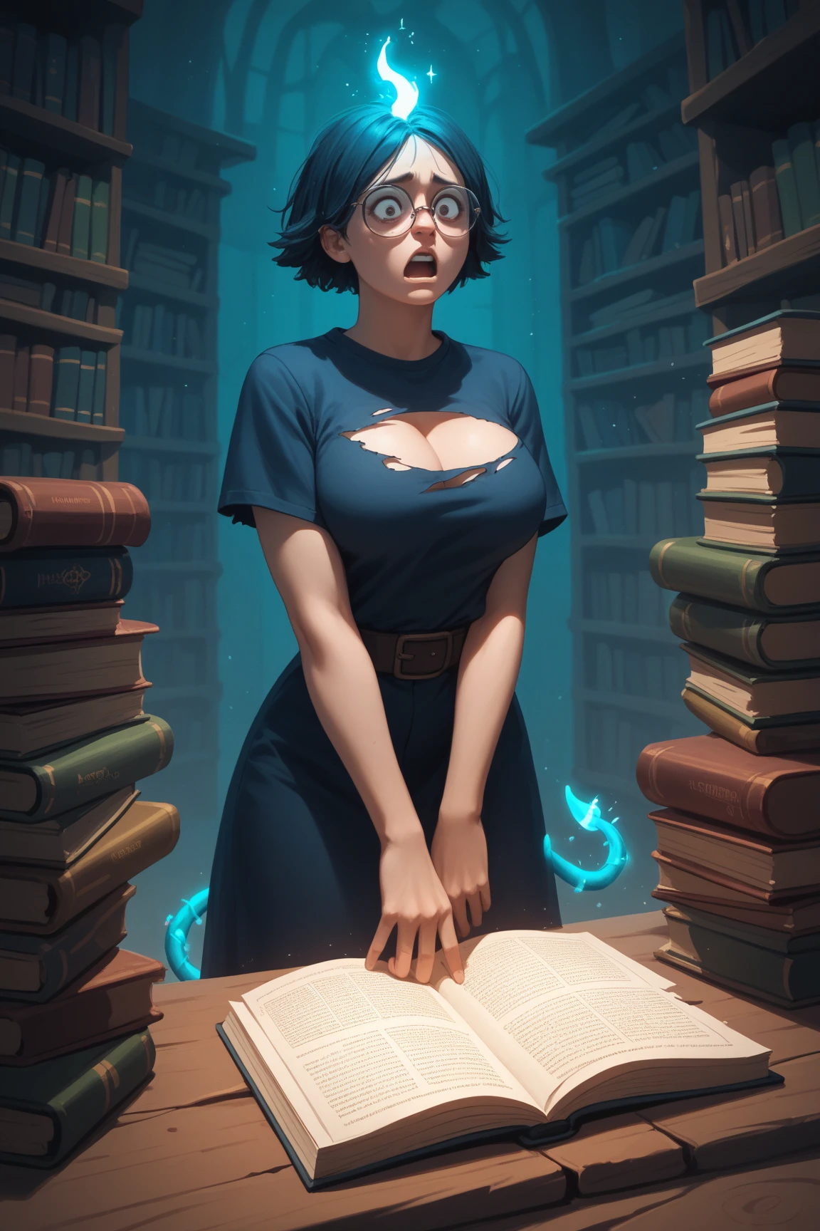 A nerdy female worm librarian with human face, hair, and breasts is ...