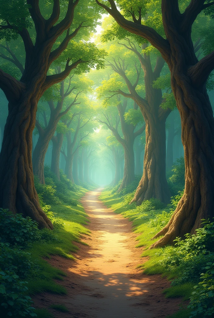 Create an image of a wooded road that in the middle begins to create ...