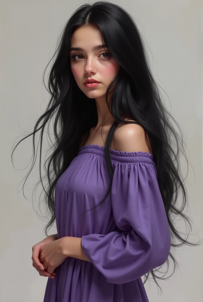 Create a picture of a teenage girl with a thoughtful look black long ...