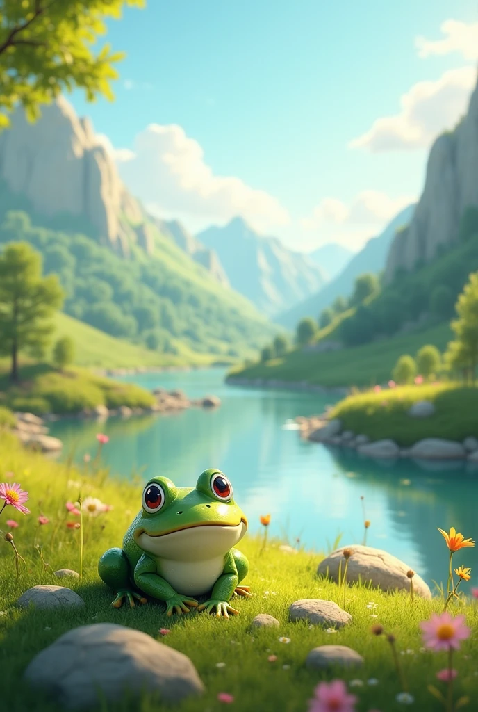 Cute frog on the riverbank with a beautiful landscape - SeaArt AI