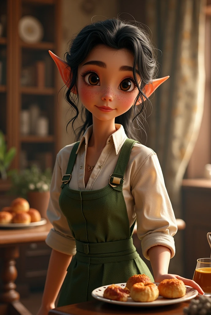A female servant elf with dark curly big eyes and an energetic ...