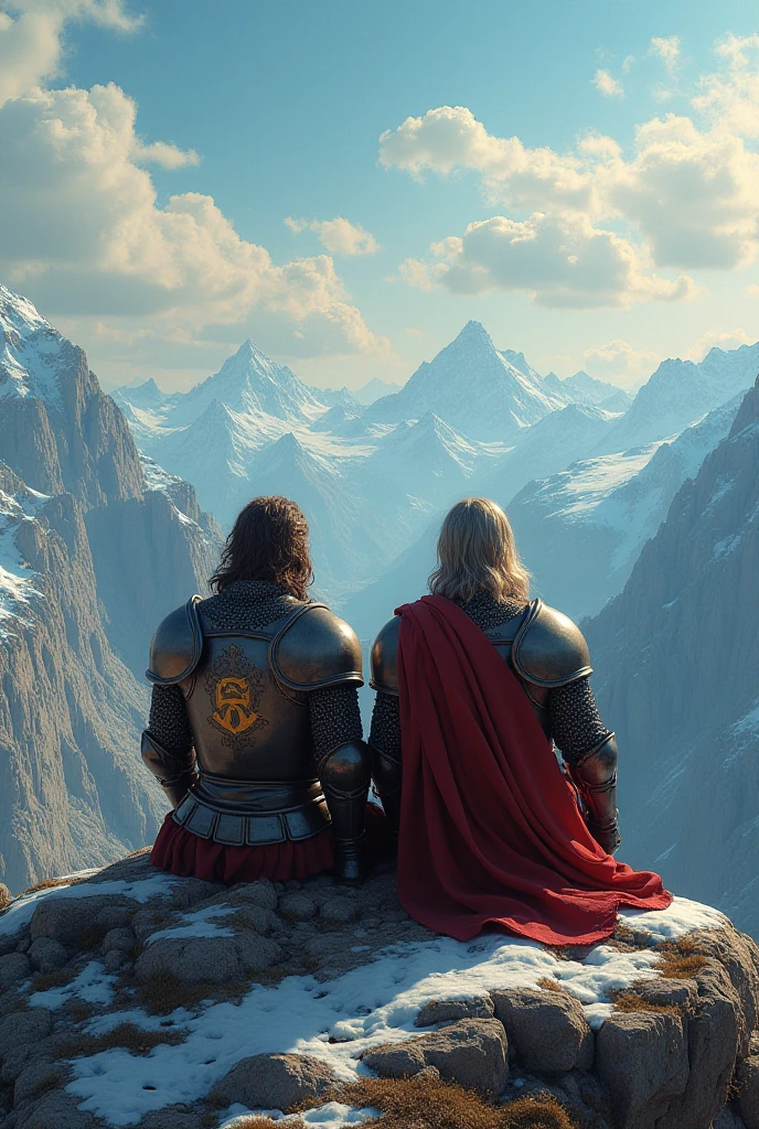 Two knights who are friends sitting on a mountin top and Looking at the ...