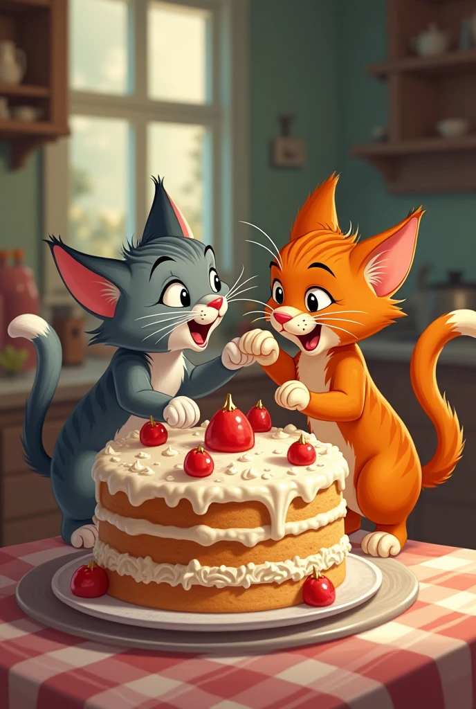 Two cats are fighting over a big cake. Disney style art - SeaArt AI