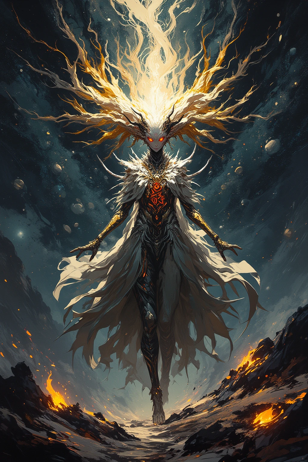 Cosmic God of Chaos , wears a white mask with red symbols, thin but ...