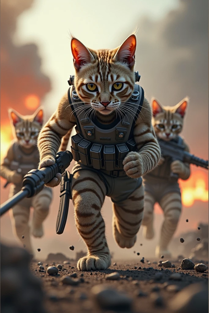 A hyper-realistic image of soldier cats in a battlefield, wearing gear ...