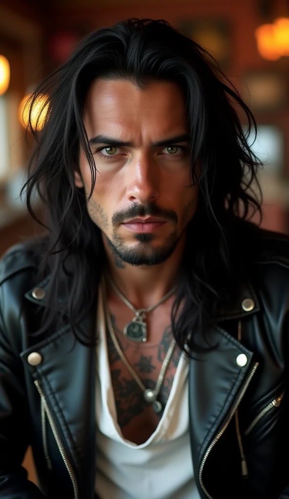 A realistic photo of a 43-year-old man with black hair up to his ...
