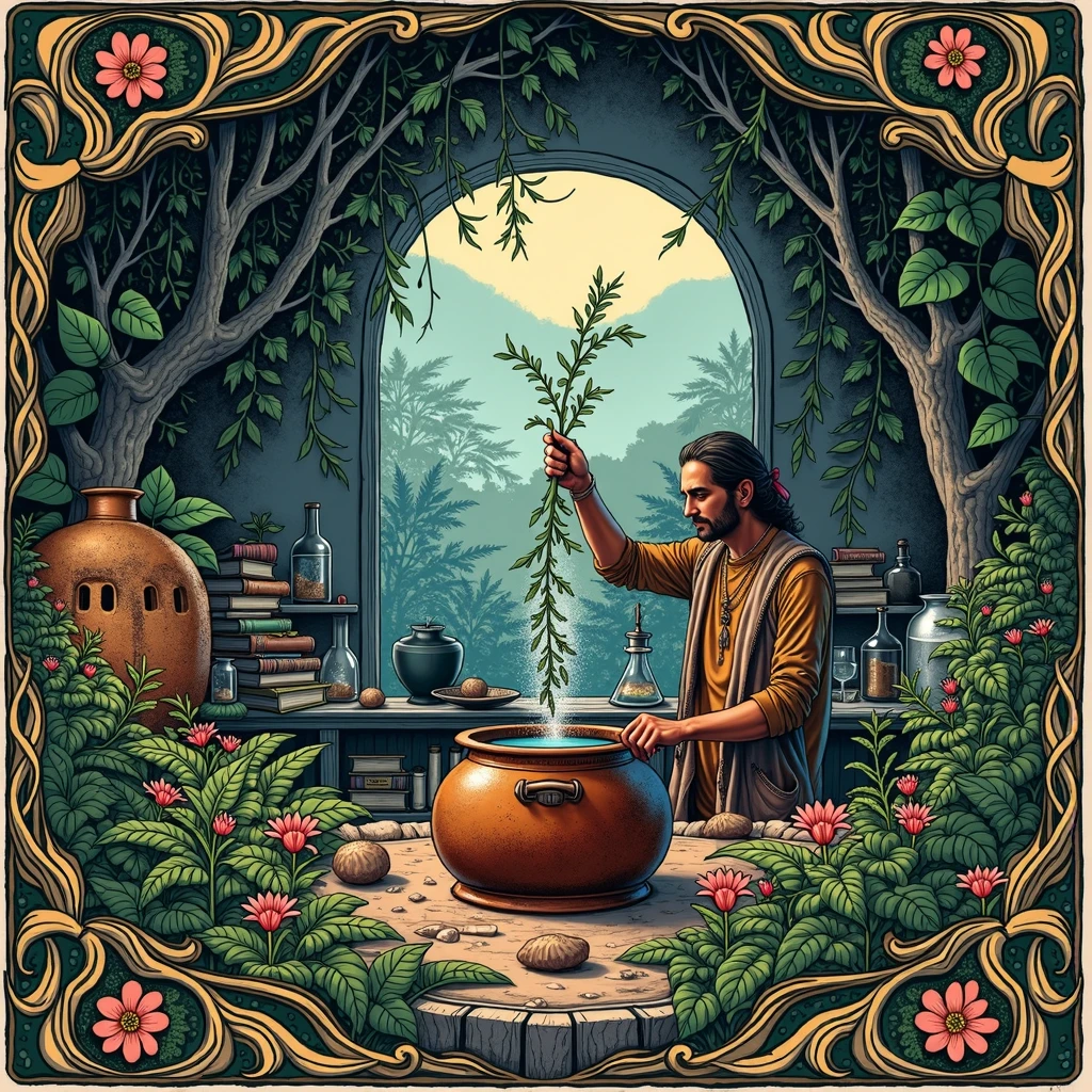 A highly detailed woodcut, engraving style illustration that exudes a ...