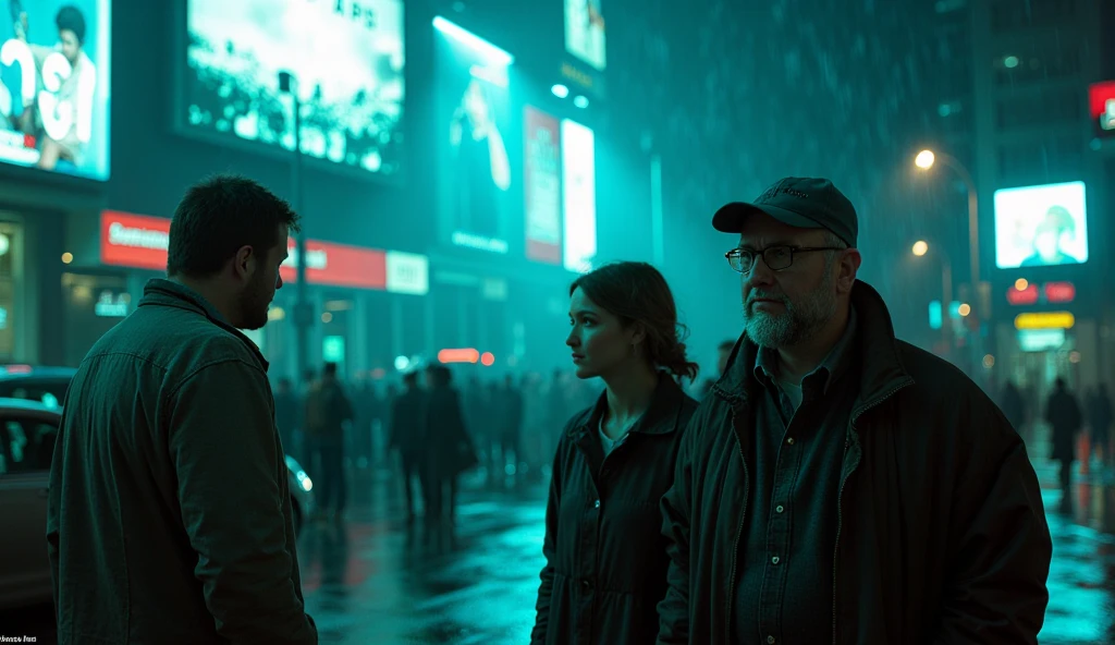 A medium shot frames a **group of citizens standing in the middle of a ...