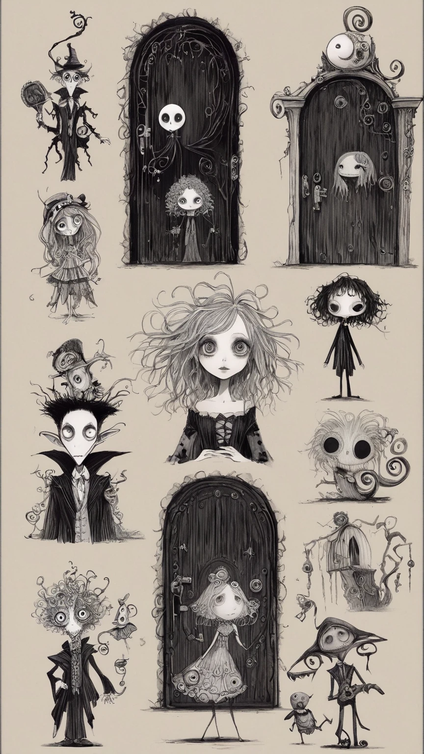 Tim Burton's style、secret door、An interesting person - SeaArt AI