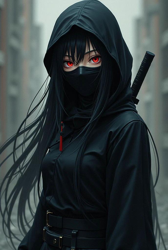an anime girl , anime style, Japanese ninja black mask, black hair ...