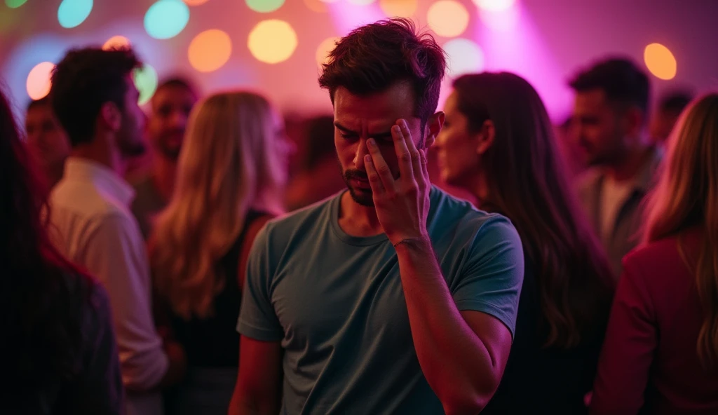 A man standing alone at a lively social event, looking frustrated and ...
