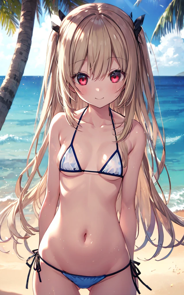 Girl petite smile red eyes blonde micro bikini white sand beach - SeaArt AI