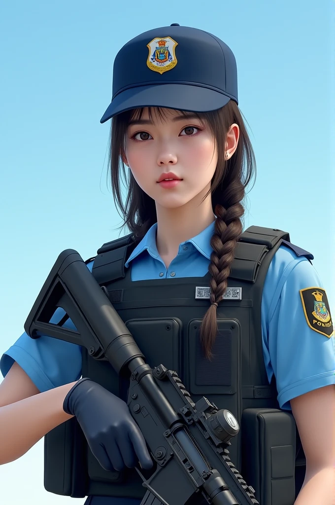 Korean girl, black braid hair, police field cap, sky blue sleeve shirt ...