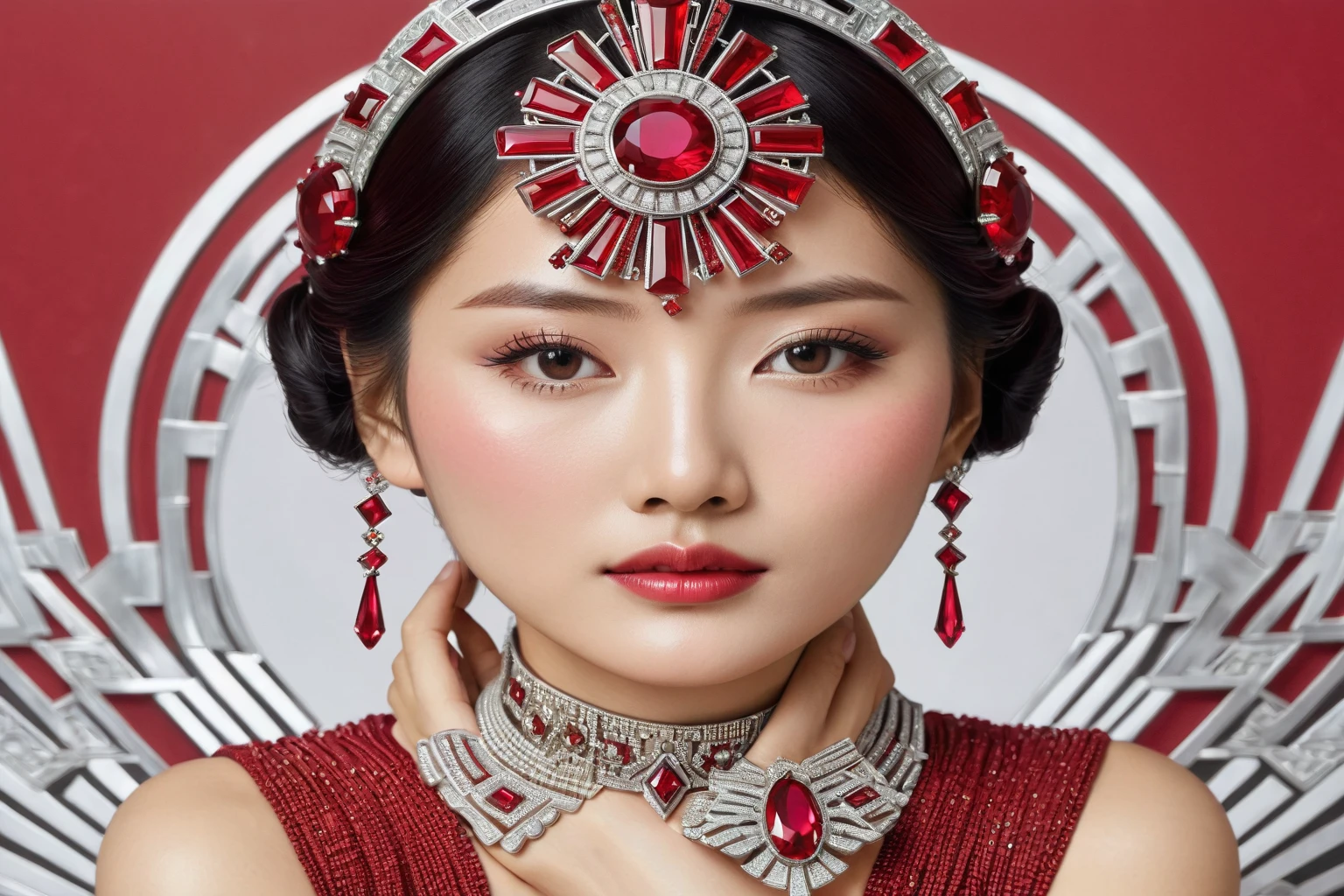 Korean woman wearing an Art Deco ruby crown, bust， pop art style ...