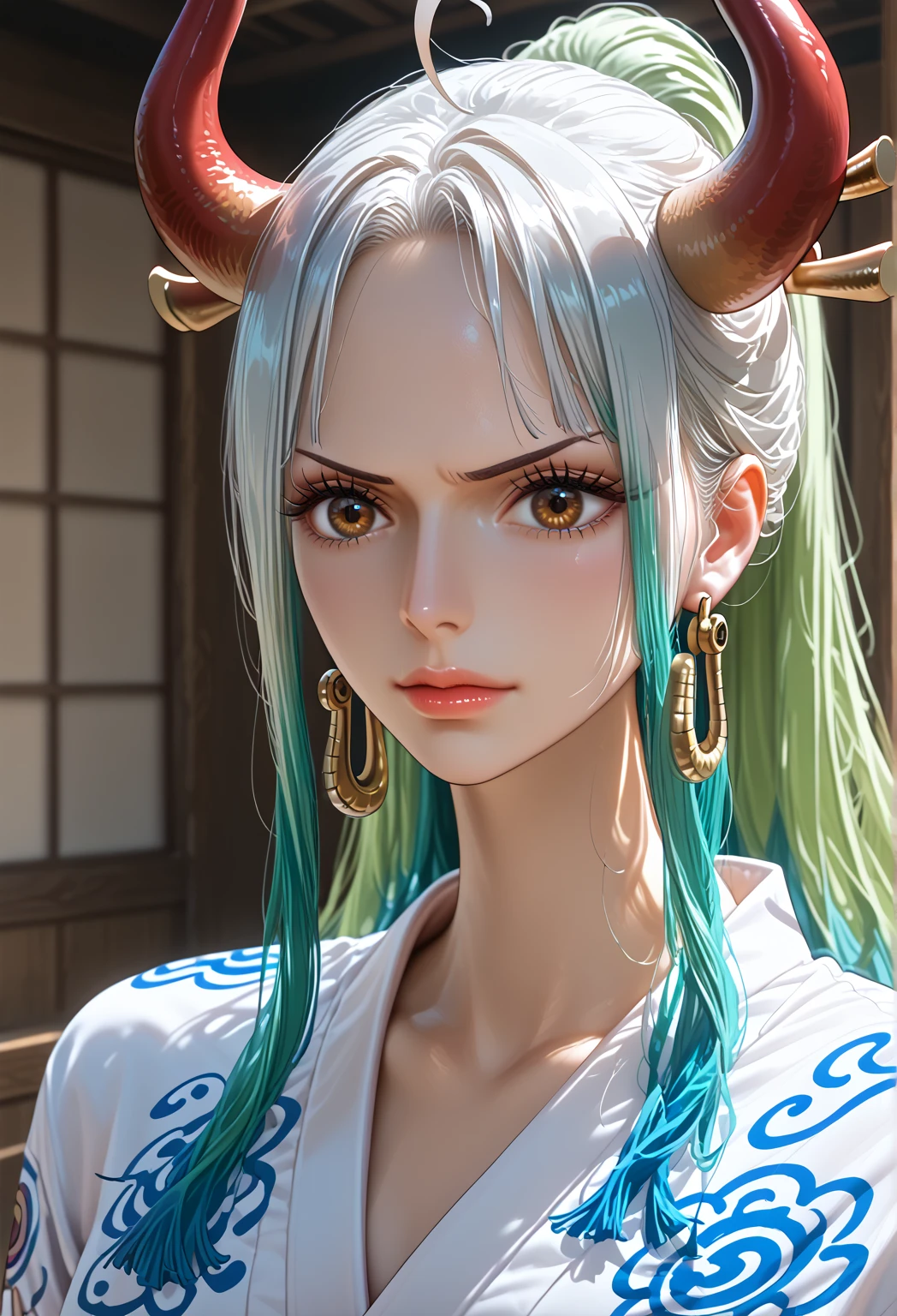 2สาว, (Boa hancock), (Yamato, ahoge, aqua hair, brown eyes, curled ...